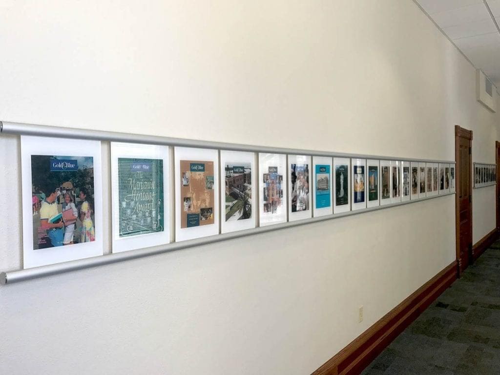 Framed Display with Rail-Track Tensioned Suspended Cables